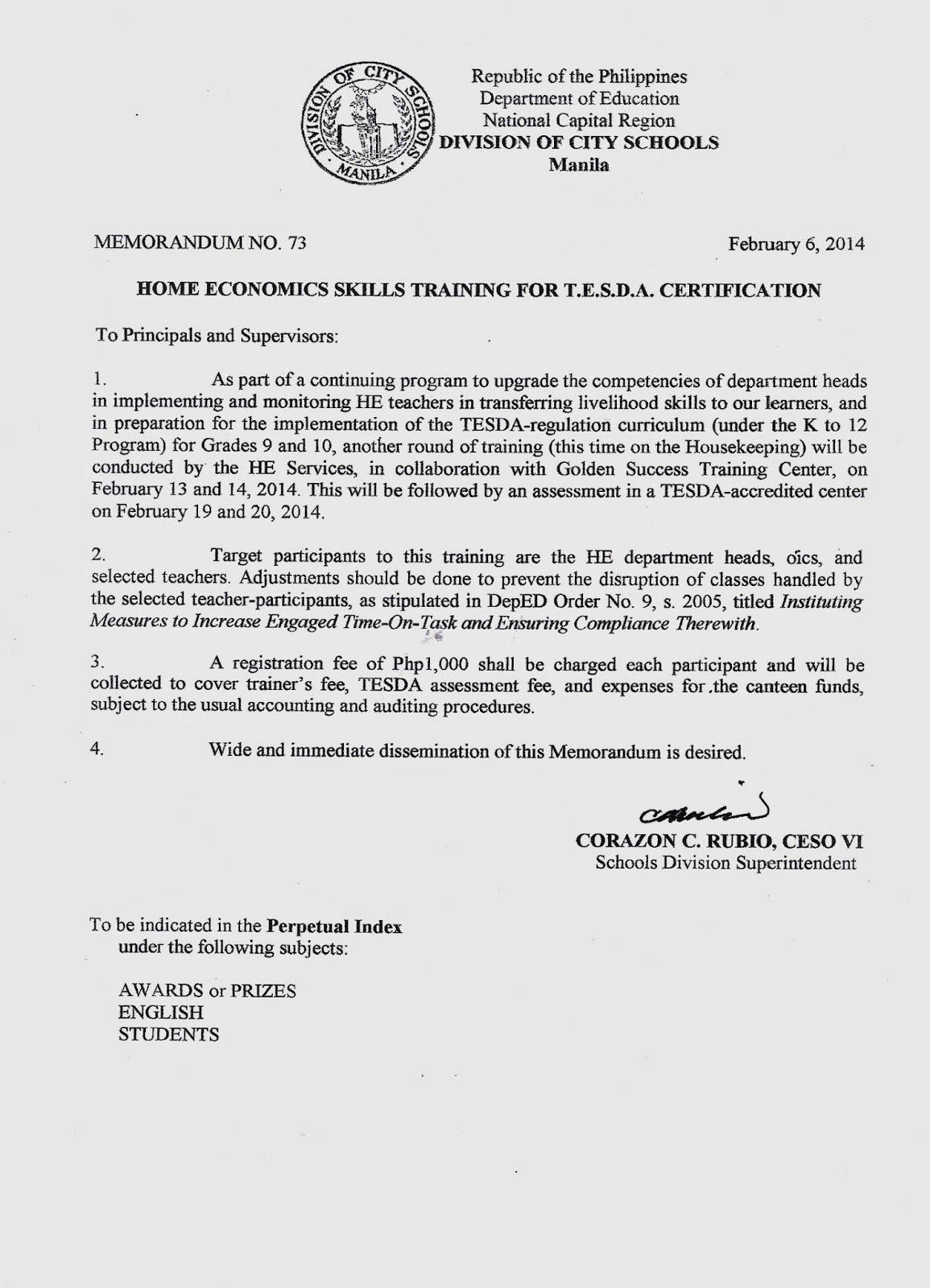 Department of Education Manila: Division Memorandum No. 73 - HOME ...