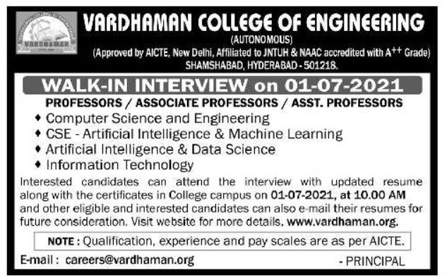 Vardhaman College of Engineering, Hyderabad, Telangana Wanted Teaching Faculty - Faculty Teachers