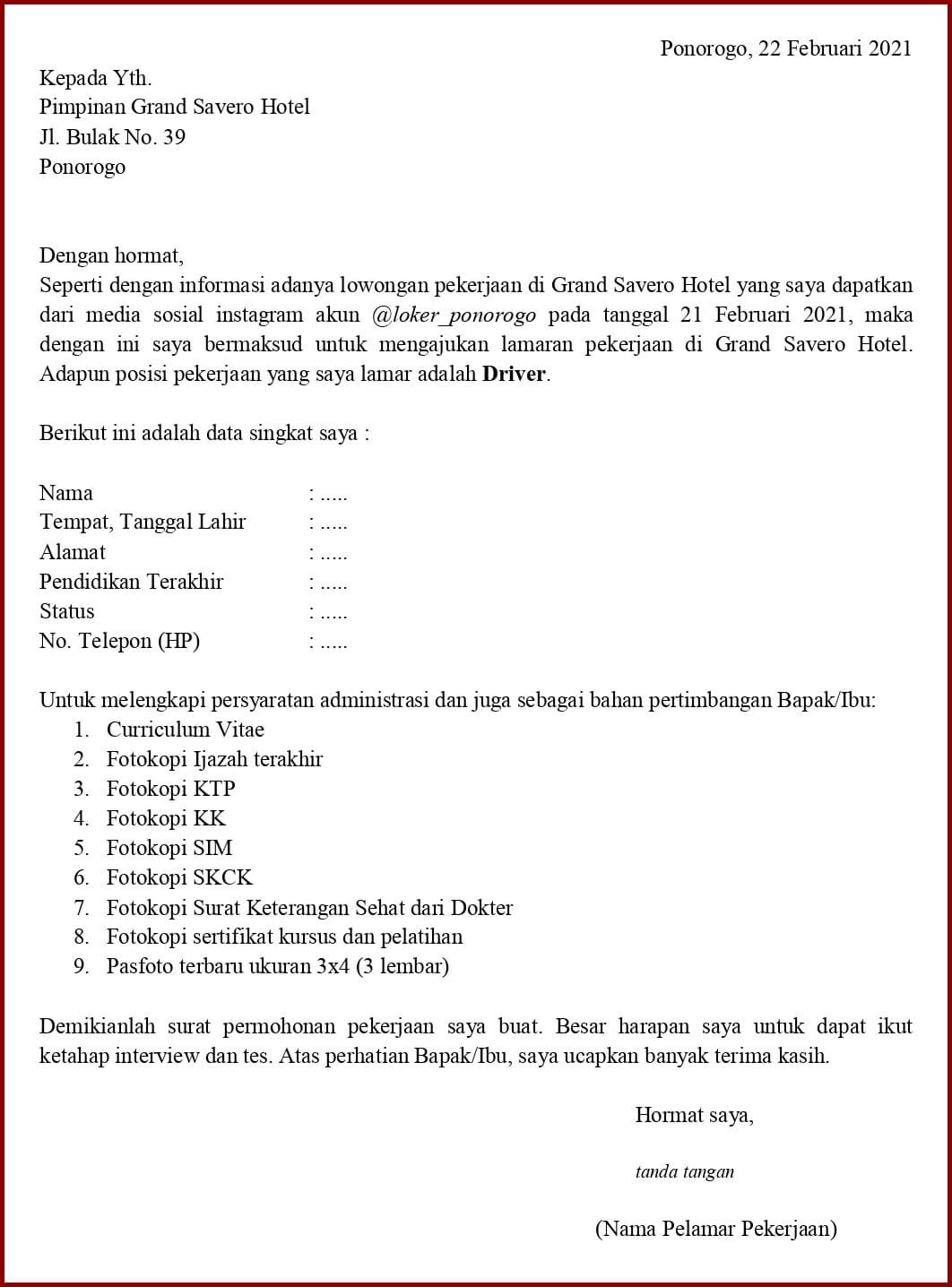 Contoh Surat Lamaran Kerja Untuk Driver Hotel (Fresh Graduate) - Tanpakoma