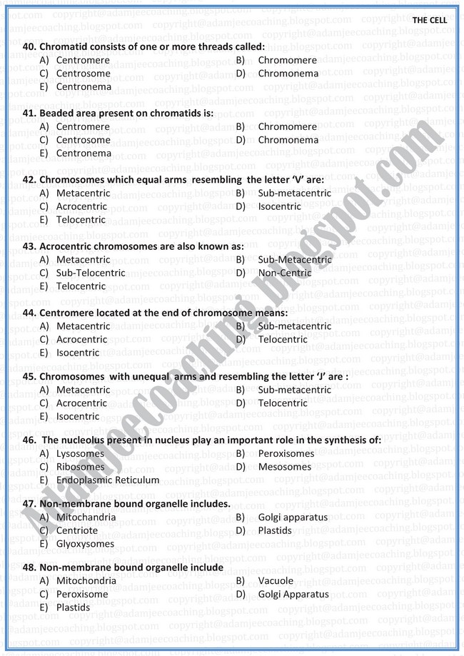 Adamjee Coaching: Biology Mcqs XI - The Cell Mcqs