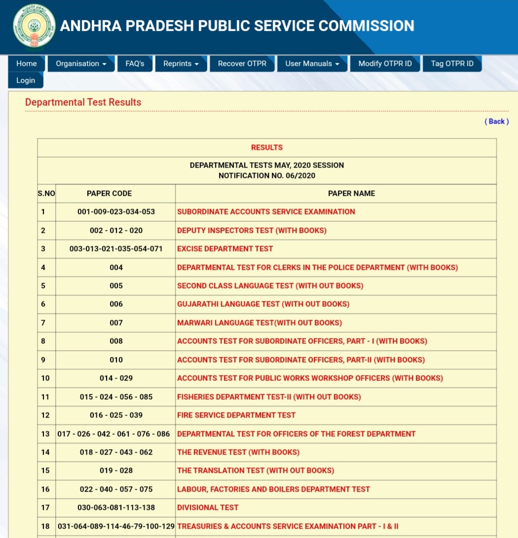 APPSC Departmental Test May 2020 Session EOT GO Test Results - Website ...