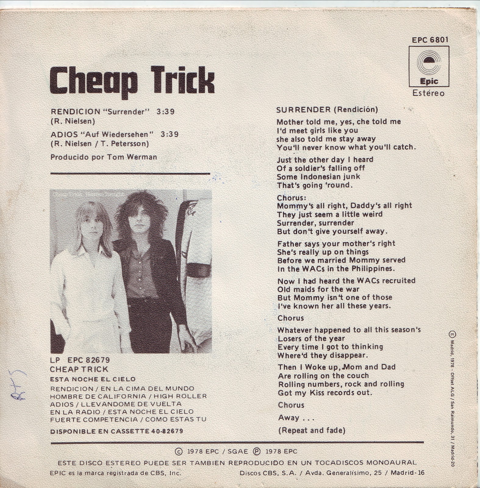 SPANISH BOMBS: Cheap Trick -Surrender 7" 1978