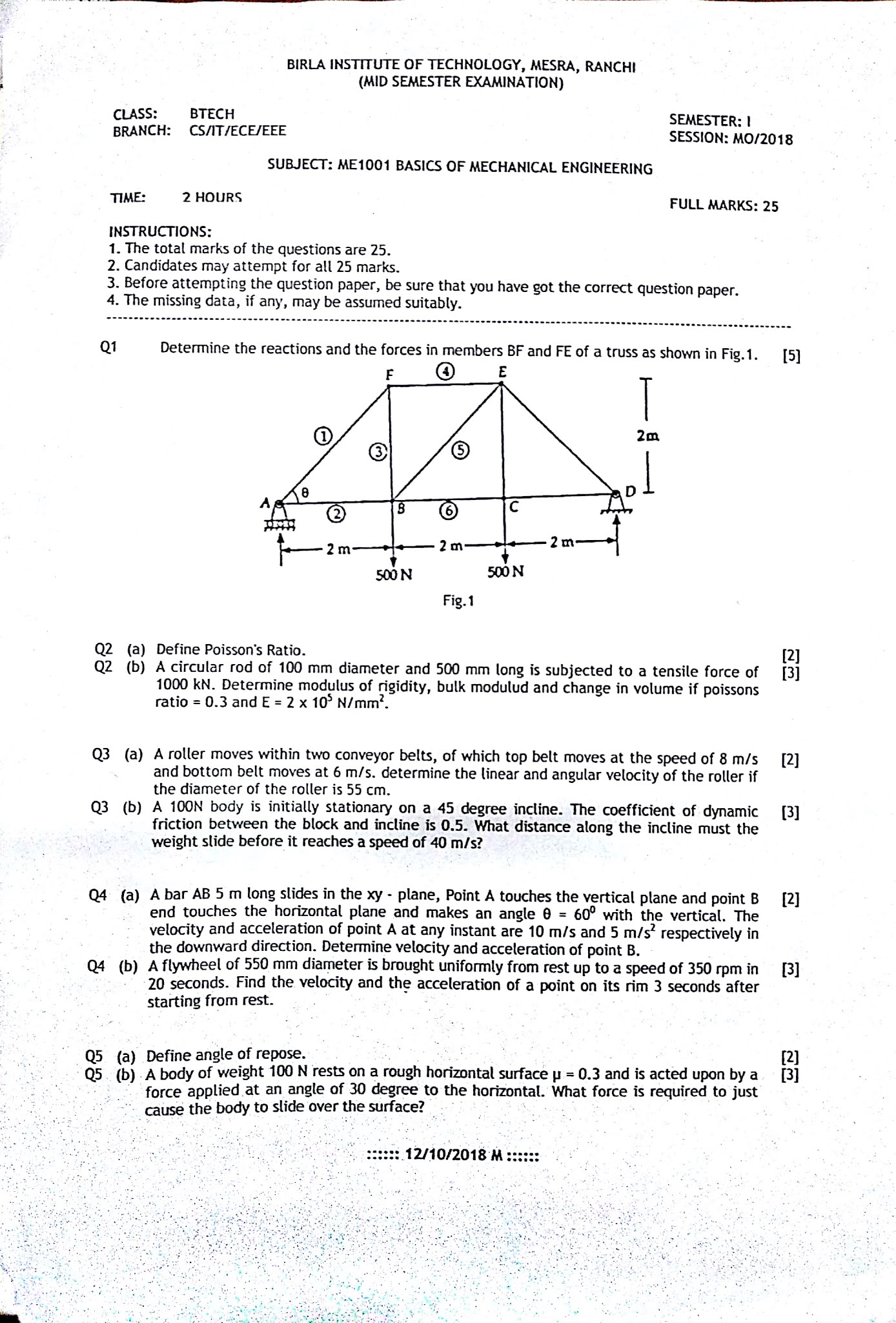 ME101 Basics of Mechanical Engineering bit mesra 1st year mid sem end ...
