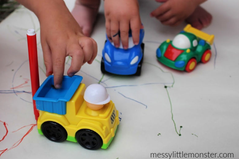 Mark Making - Drawing with Cars - Messy Little Monster