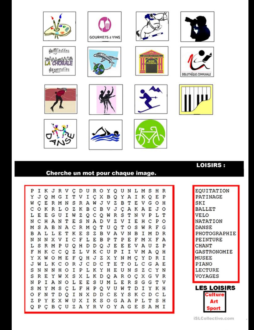 J'aime SEK: Les loisirs mots cachés