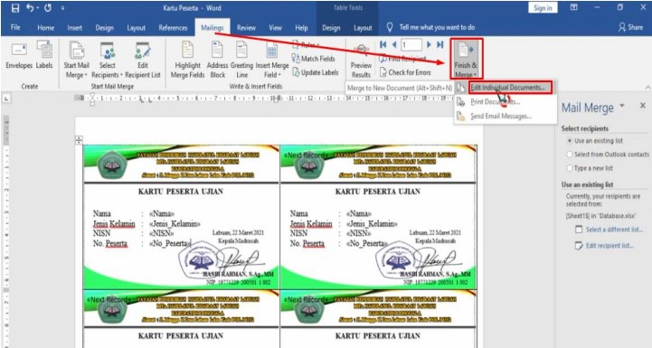 CARA BUAT KARTU PESERTA UJIAN PADA MICROSOFT WORD