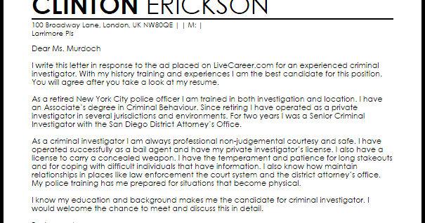 District Attorney Investigator Cover Letter ~ Resume Letter