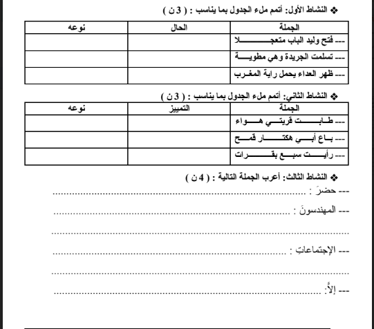 نموذج 3 للفرض و الاختبار الكتابي الأول خلال الأسدس الدورة الثانية في