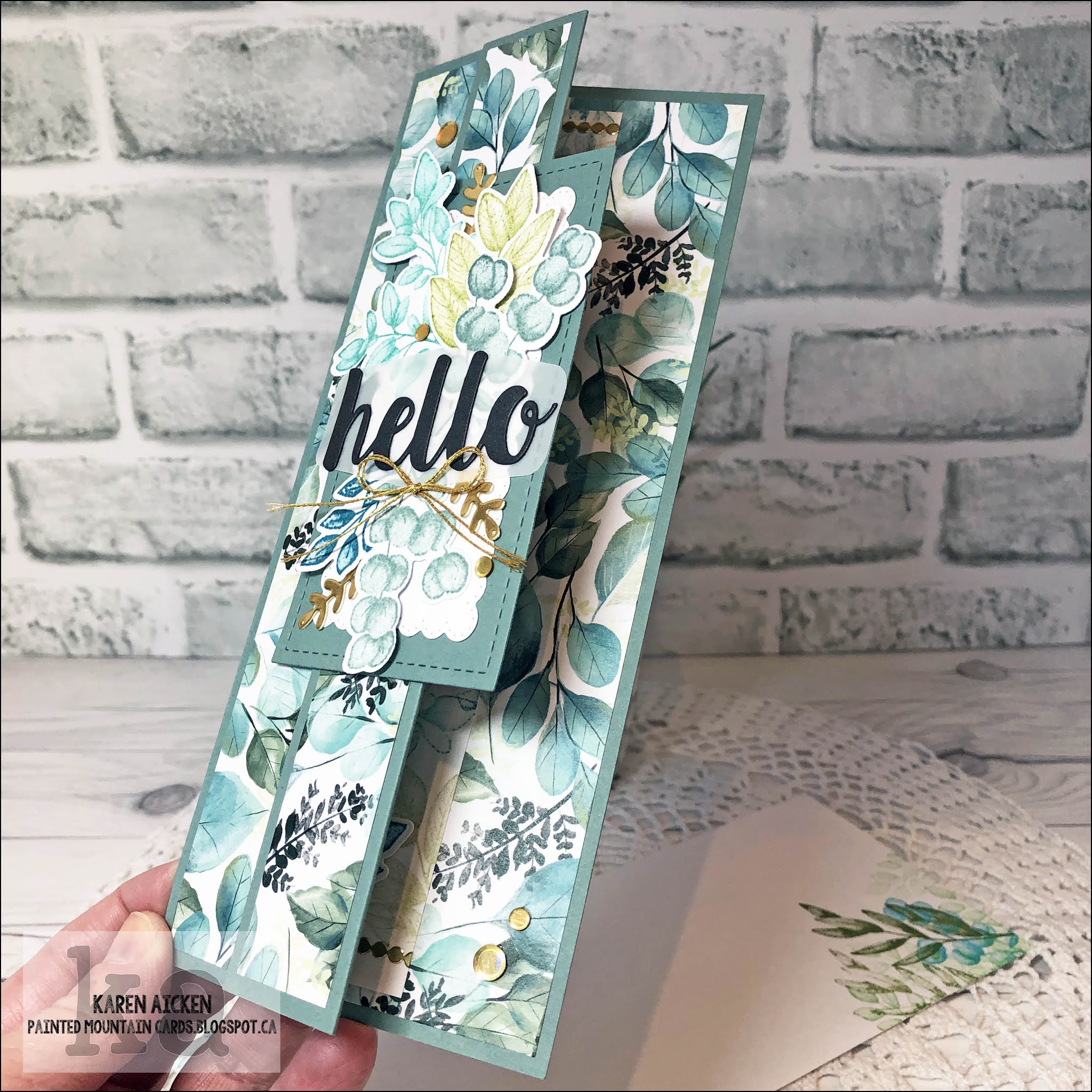 Painted Mountain Cards: Leafy Hello Slimline Card
