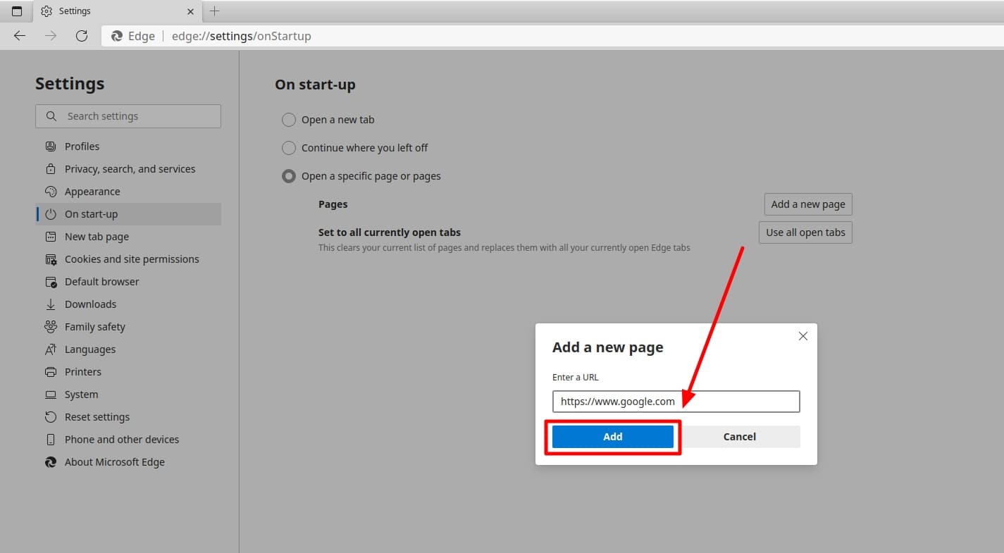 How to change start page in Microsoft Edge?