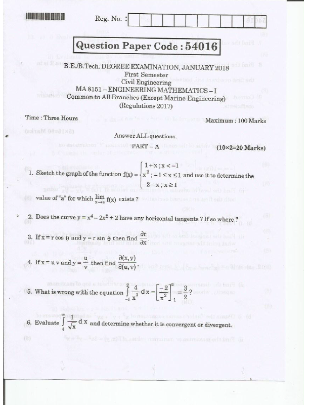 Anna University MA8151 Engineering Mathematics I January 2018 Question Anna University MA8151 Engineering Mathematics I January 2018 Question