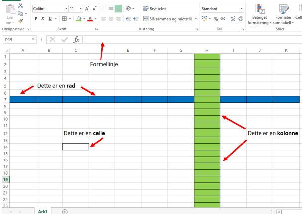 Først går vi gjennom noen begreper i Excel: