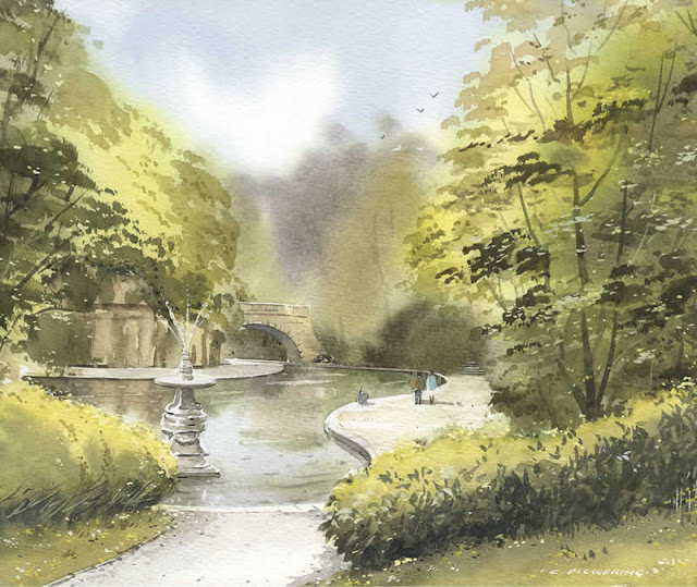 Morecambe & Lancaster Watercolour Prints: The Fountain, Williamson's Park