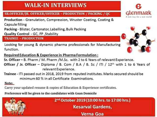 Walk-In Interviews @ Glenmark Pharmaceuticals, Goa on 2nd Oct' 2019 for ...