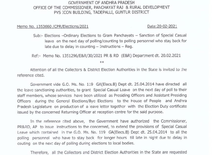 Sanction of Special Casual Leave on the next day of polling/counting to ...
