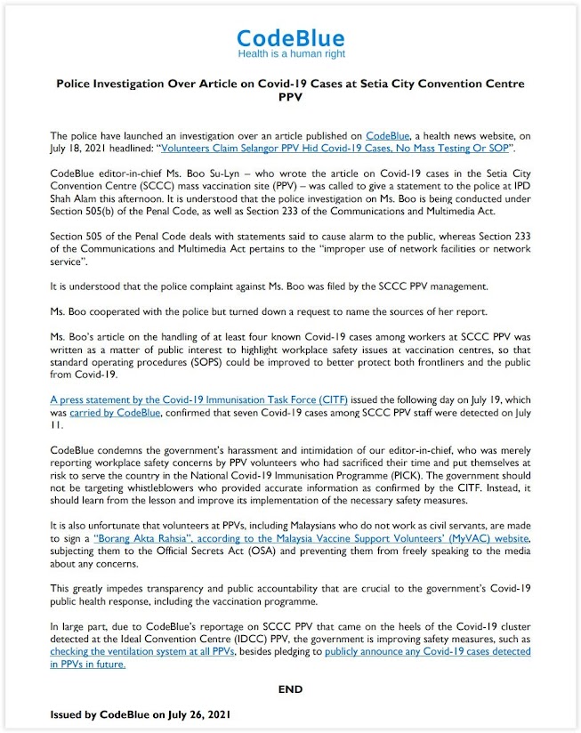 Police call Up CodeBlue editor-in-chief Boo Su-Lyn over an article on ...