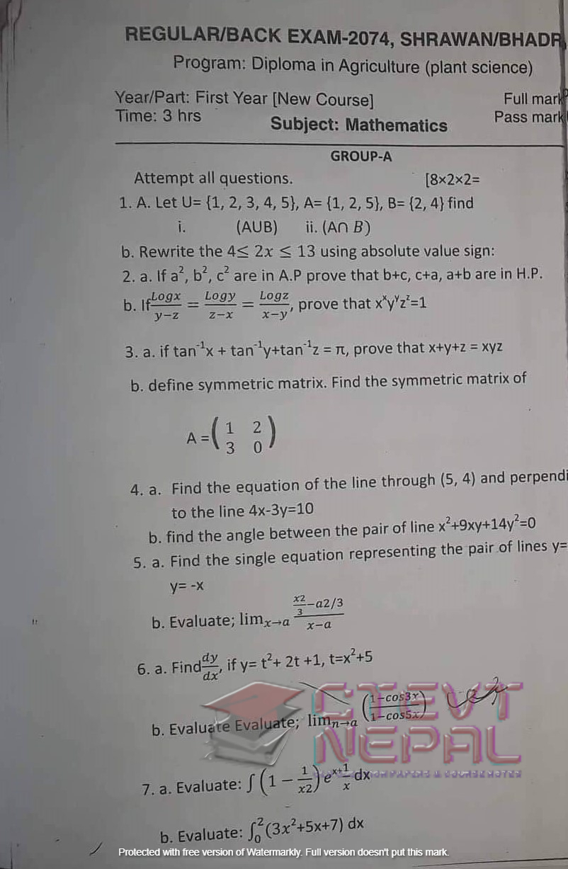 AG Mathematics - 1st Year Question Papers CTEVT | Diploma in ...