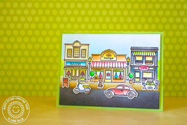 Sunny Studio: City Streets Fun Street Scene Card with Eloise