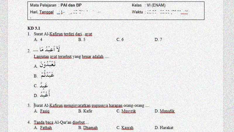 Soal dan Kunci Jawaban PTS Mapel PAI dan BP Kelas 6 Semester 1 - SekolahDasar.Net