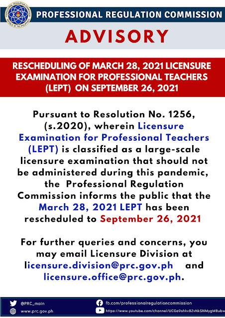 PRC postpones March 2021 LET to September - Deped Tambayan