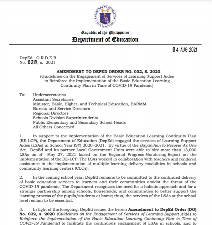 DepEd Order 028 S 2021 | AMENDMENT TO DEPED ORDER NO. 032, S. 2020 ...