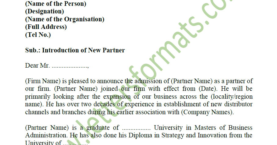 New Partner Announcement Introduction Welcome Letter Format