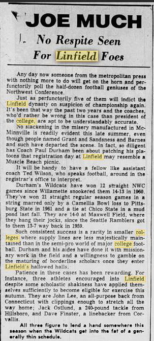 W I L D C A T V I L L E: Linfield Football 1963 featured in Joe Much ...