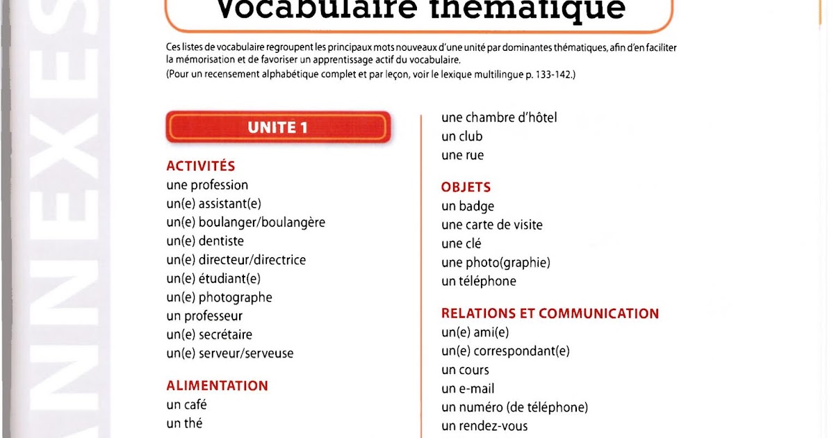 Vocabulaire thematique và mục lục cuối sách - Le nouveau Taxi A1