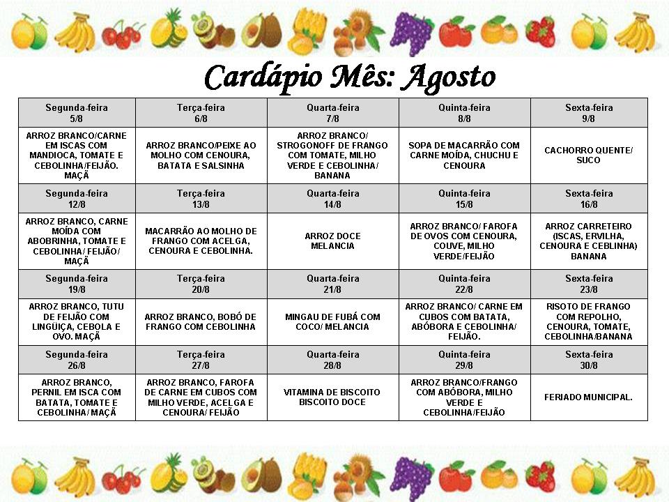 E. M. Joaquim Teixeira Camargos: Cardápio Mensal da Merenda Escolar