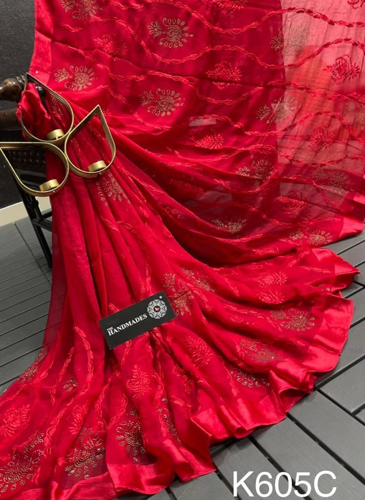 Kadhi chiffon chickenkari work sarees