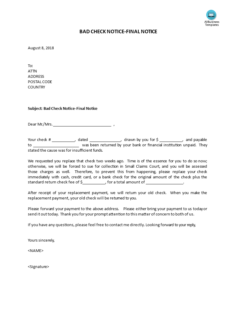 Bad Check Letter Template ~ Resume Letter