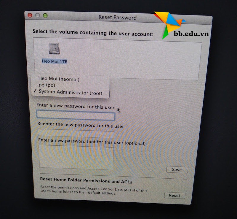 Hướng dẫn Reset password của Admin Account trên Mac OS X - bb.edu.vn - demo