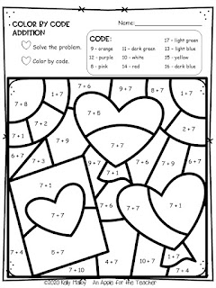 An Apple For The Teacher: Valentine's Day Color By Number Addition and ...