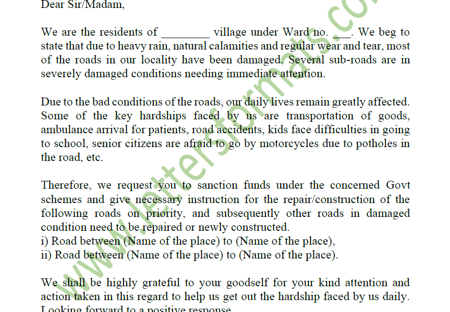 Letter format to Block Development Officer BDO for Road Repair