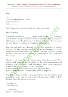Letter format to Block Development Officer BDO for Road Repair