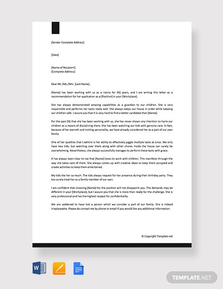 Nanny Recommendation Letter ~ Thankyou Letter