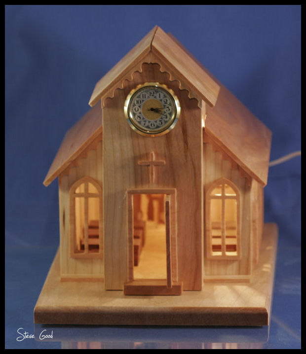 Scrollsaw Workshop: Lighted Chruch Mini Clock with Interior Details.