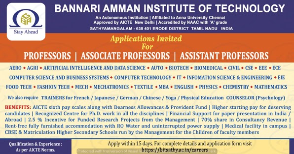 Bannari Amman Institute Technology Biotech Faculty Jobs