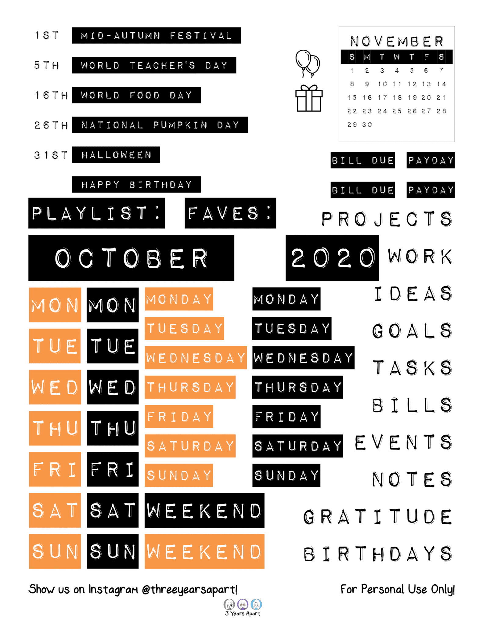 October 2020 Bullet Journal Bundle | Free Printable for Bullet Journals ...