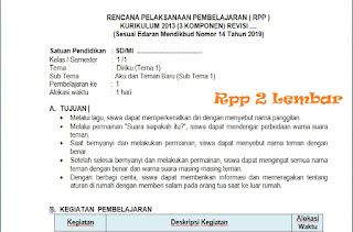 Contoh RPP k13 kelas 1 SD ( 2 Lembar )