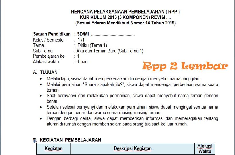 Contoh RPP k13 kelas 1 SD ( 2 Lembar )