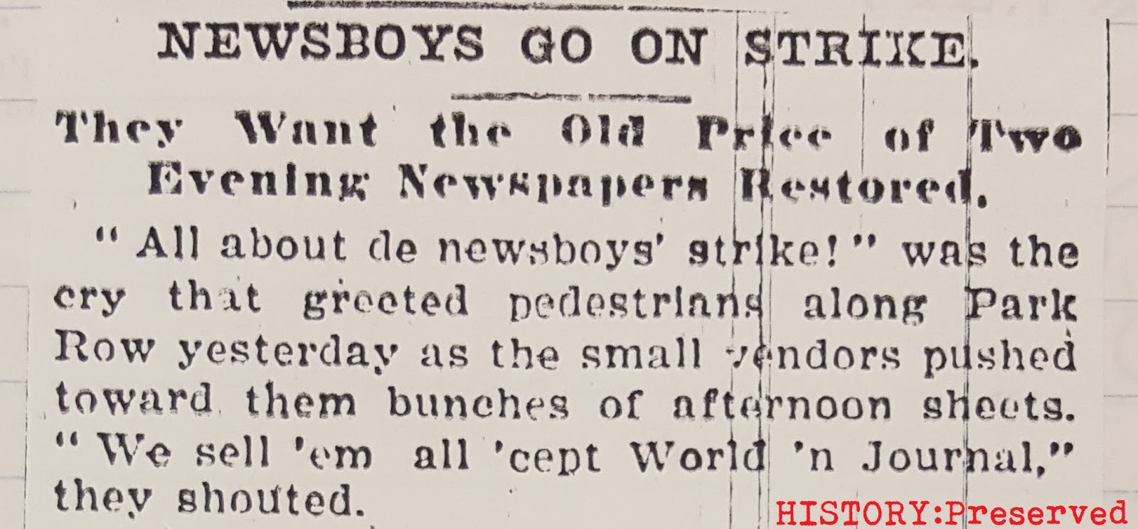 Newsboys' Strike of 1899: 120th Anniversary - The Beginning