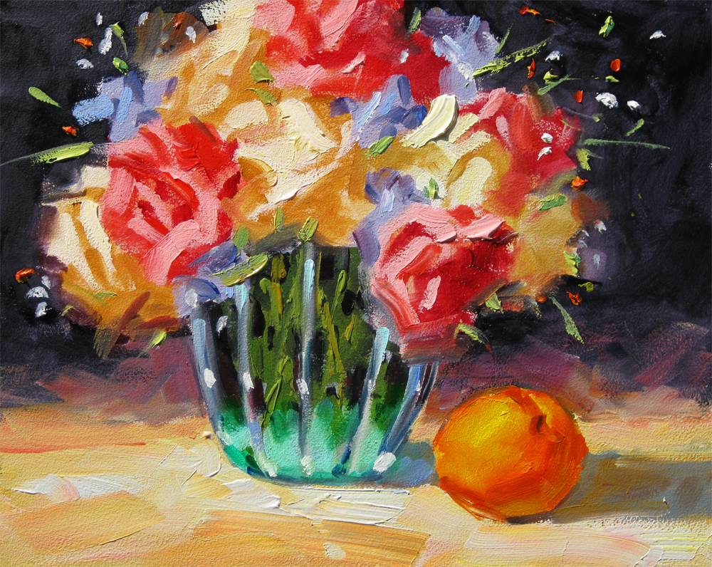 TOM BROWN FINE ART: COLORFUL FLORAL STILL LIFE, FLOWERS, CRYSTAL VASE ...