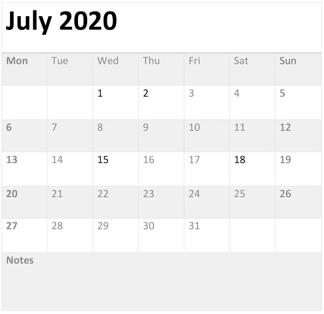 July Calendar 2020 Free Printable