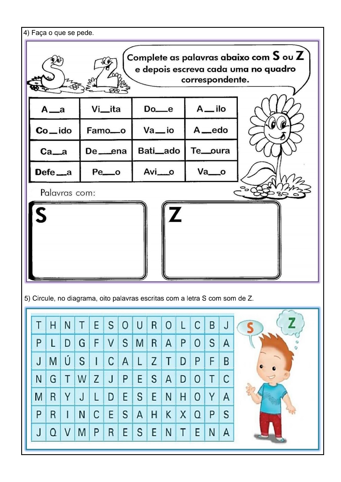 👍Língua Portuguesa: uso do S e Z Atividade de língua portuguesa para trabalhar a ortografia das ...