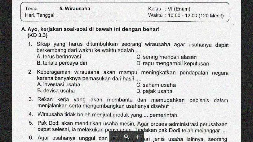 Soal Penilaian Kelas 6 Semester 1 Tema 5 dan Kunci Jawabannya - SekolahDasar.Net