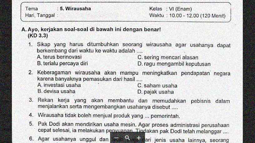 Soal Penilaian Kelas 6 Semester 1 Tema 5 dan Kunci Jawabannya - SekolahDasar.Net
