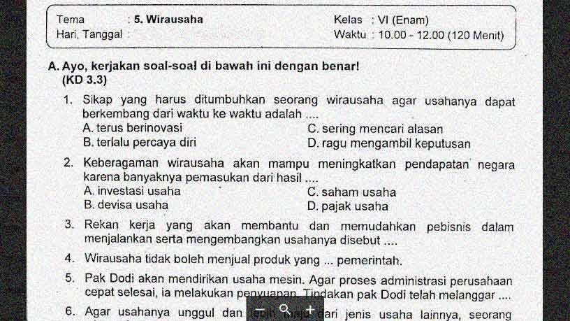Soal Penilaian Kelas 6 Semester 1 Tema 5 dan Kunci Jawabannya - SekolahDasar.Net