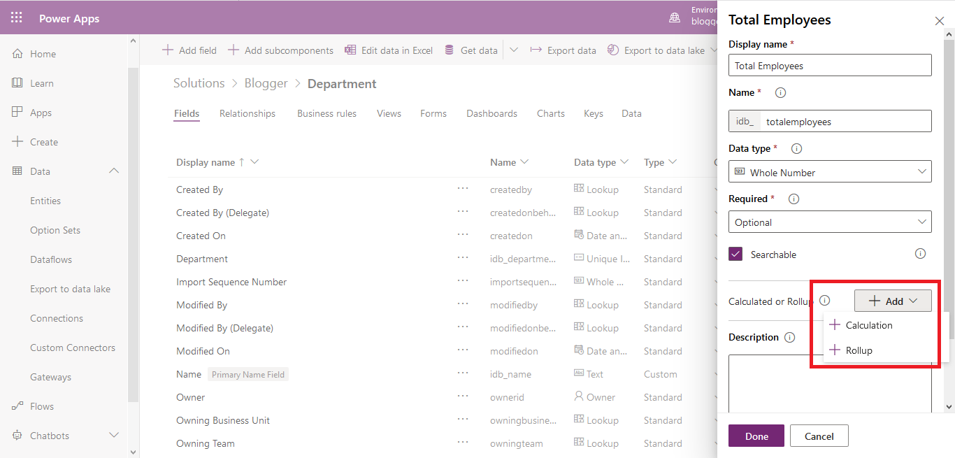 Rollup fields in Power Apps.