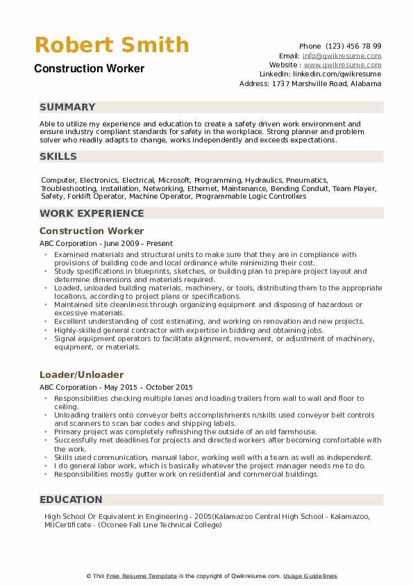 Construction Worker Resume Objective ~ Resume Letter